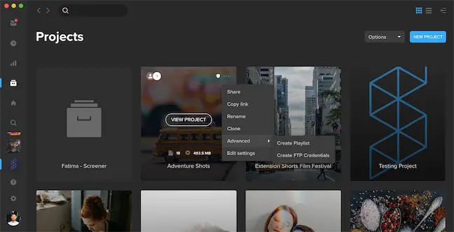 Upgraded context menu for projects and folders